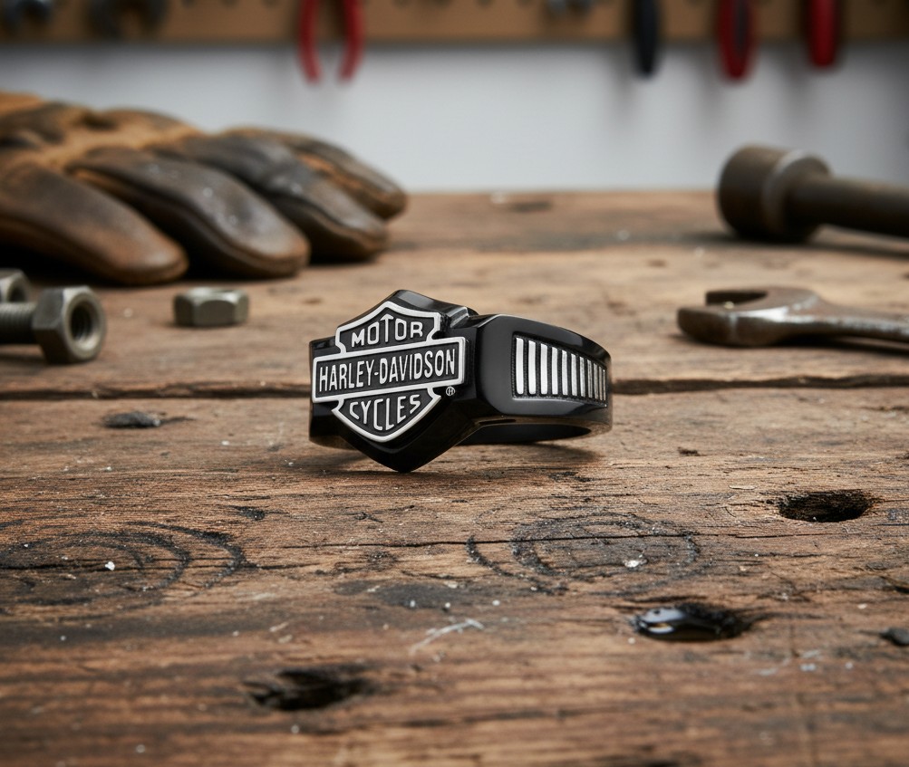 Harley-Davidson® Silver on Black Bar & Shield Signet Ring Stainless ...