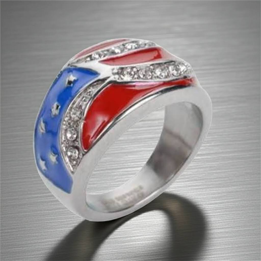 American Flag Ring "USA" with Bling Ladies Stainless Steel Band Sizes 5 ...