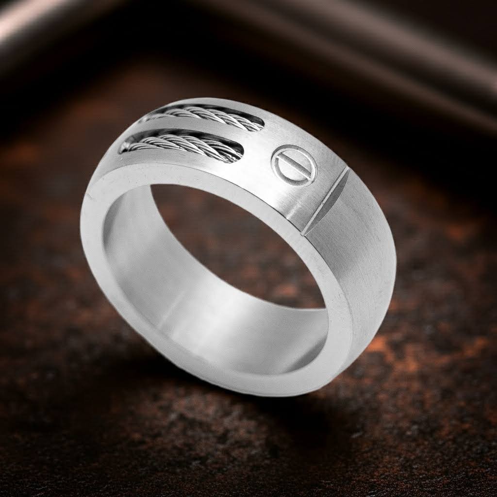 Inlaid Cable & Bolt Ring Unisex Wedding Band Sizes 8-13 , Biker Jewelry ...