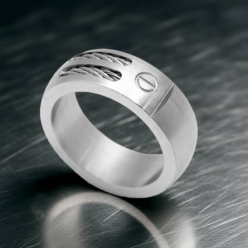 Inlaid Cable & Bolt Ring Unisex Wedding Band Sizes 8-13 , Biker Jewelry ...