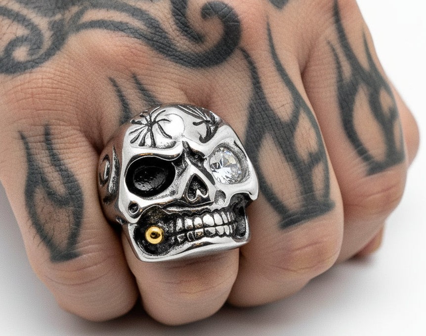 Men's Bullet Skull Ring with Gold Bullet & Clear CZ Eye Stainless Steel ...