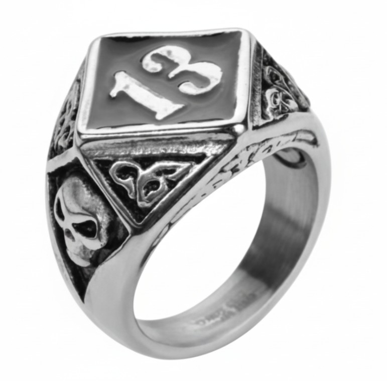 Men's Number "13" Signet Ring with Skulls Stainless Steel Sizes 9-16 ...