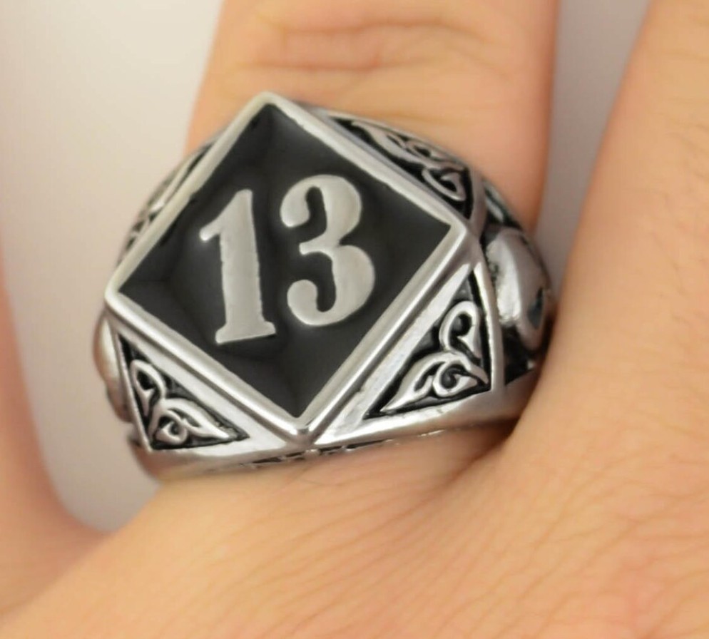 Men's Number "13" Signet Ring with Skulls Stainless Steel Sizes 9-16 ...