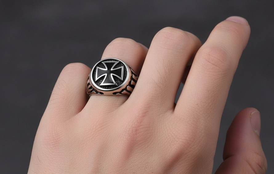 Men's Round Iron Cross Ring with Flames Biker Stainless Steel Sizes 8 ...