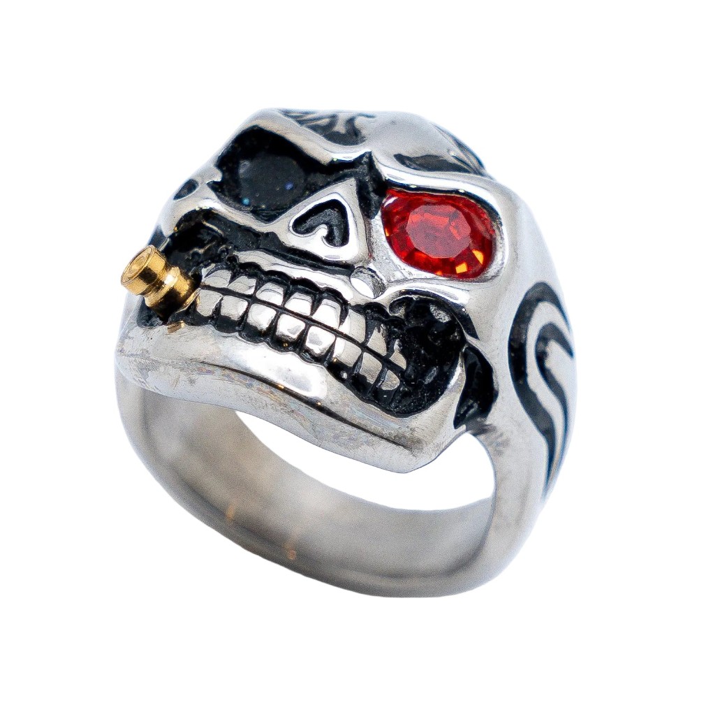 Men's Skull Ring w/Golden Bullet & Red Eye Biker Stainless Steel Sizes ...