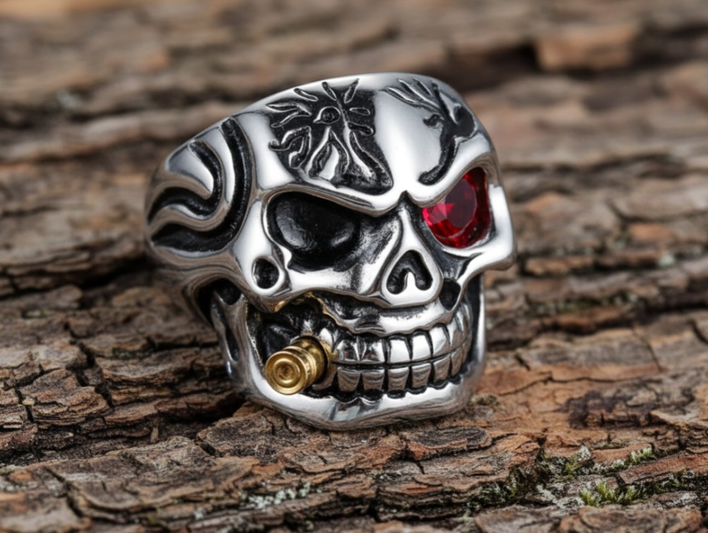 Men's Skull Ring w/Golden Bullet & Red Eye Biker Stainless Steel Sizes ...