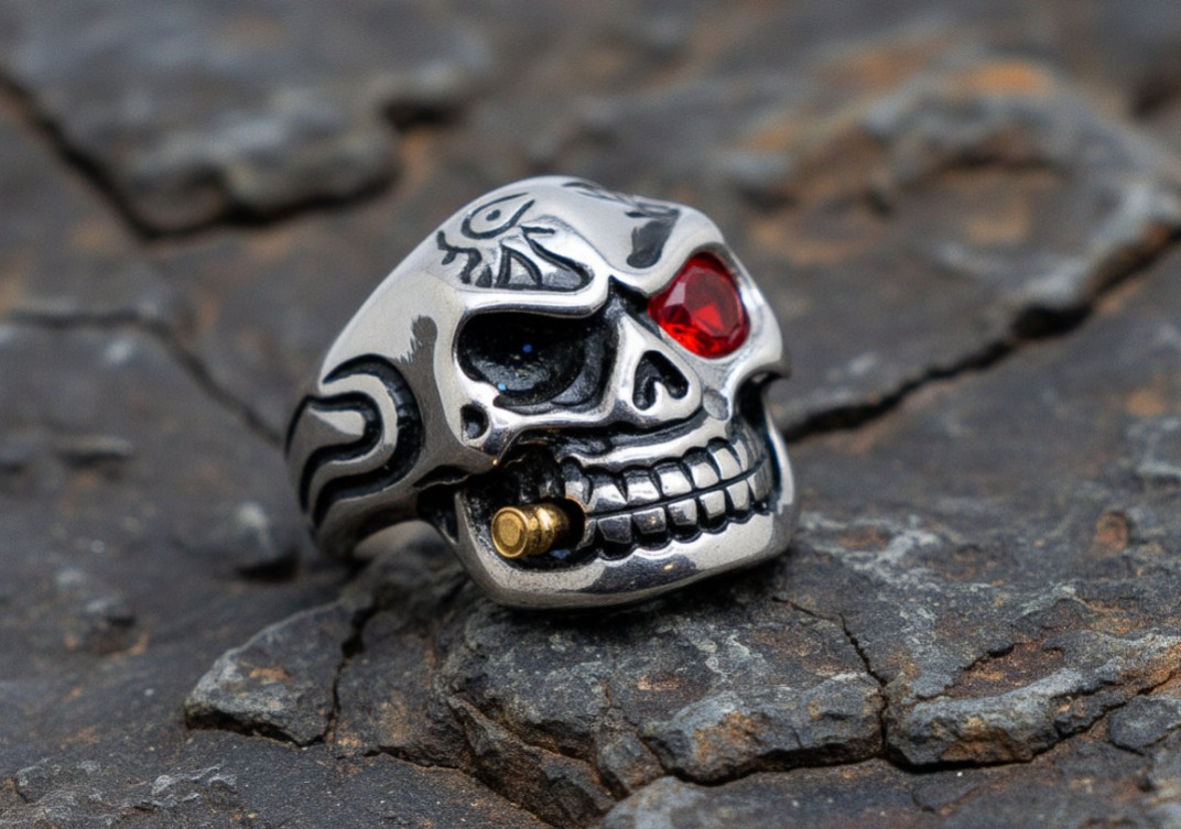 Men's Skull Ring w/Golden Bullet & Red Eye Biker Stainless Steel Sizes ...