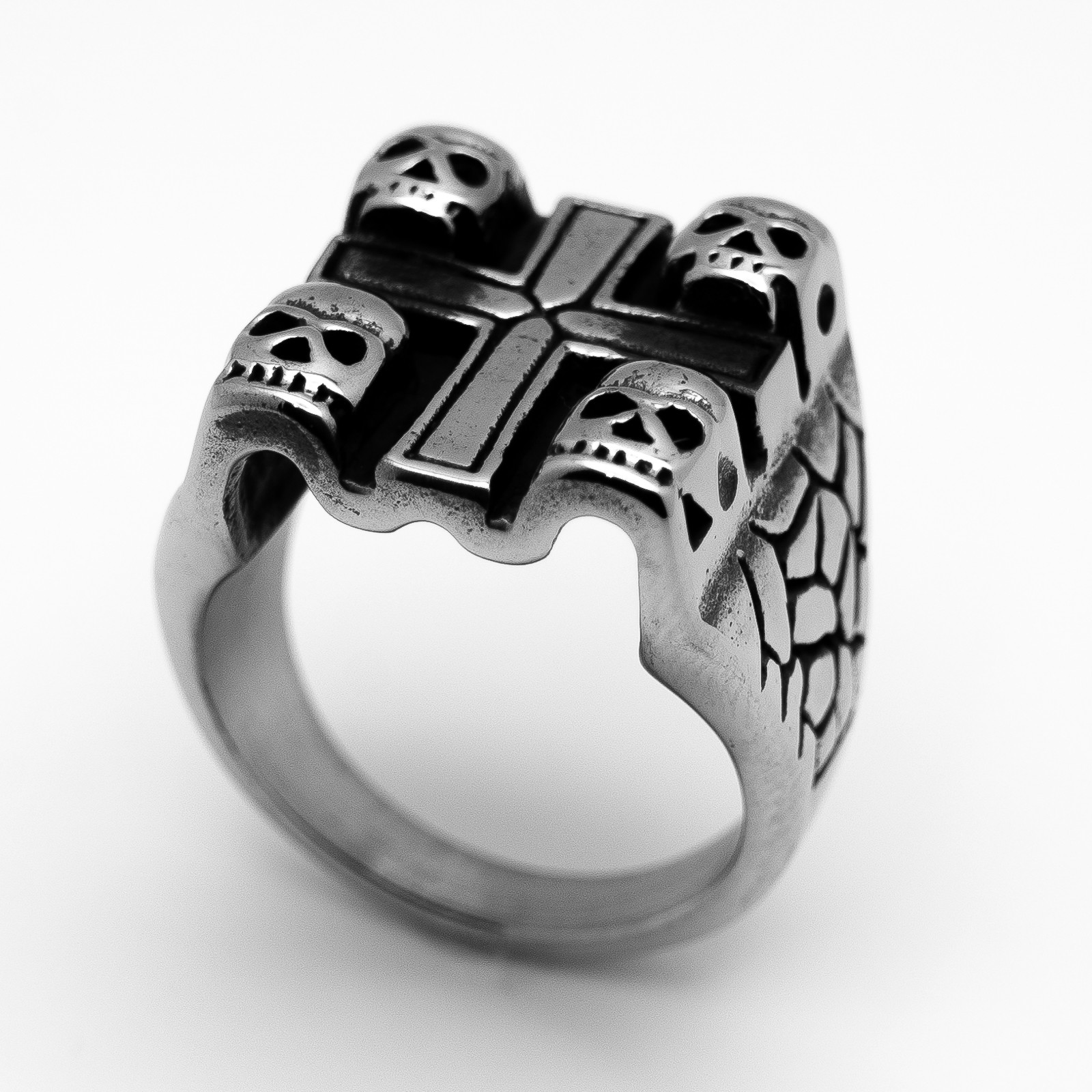 4 Skulls on a Cross Ring Old School Biker Ring Stainless Steel Sizes 9 ...