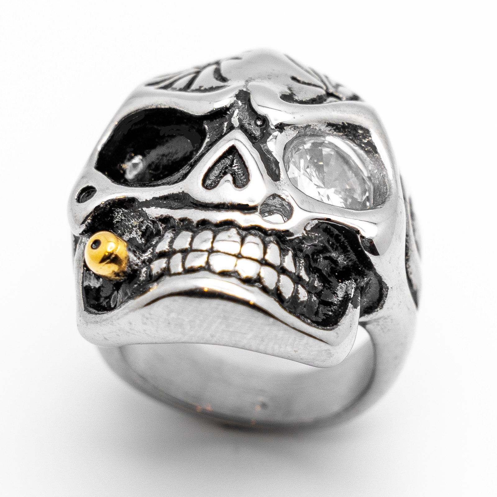 Men's Bullet Skull Ring with Gold Bullet & Clear CZ Eye Stainless Steel ...