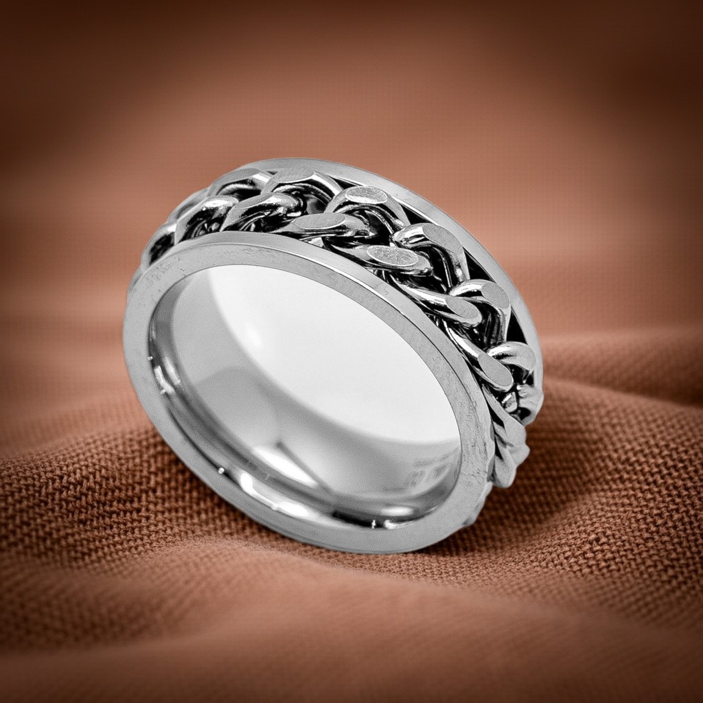 Unisex Cuban Chain Spinner Ring Comfort Fit Band Wedding Ring Stainless ...