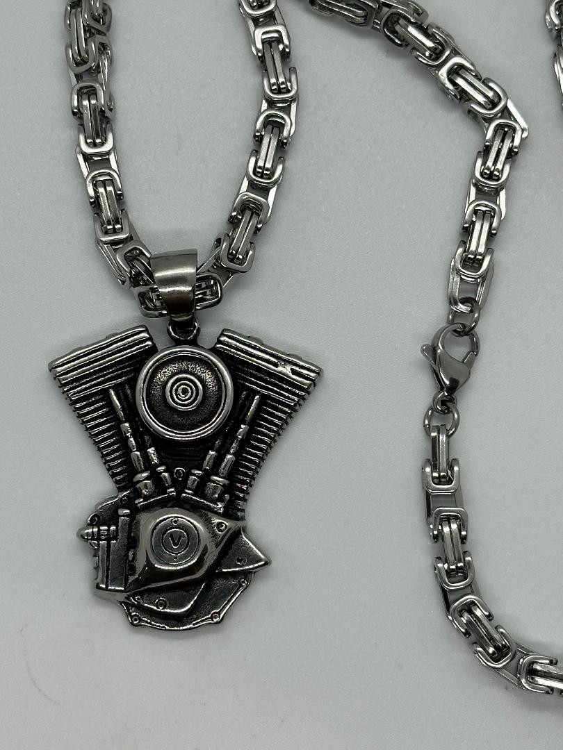 V-Twin Motor Engine Pendant 5mm Byzantine Chain Stainless Steel , Biker ...